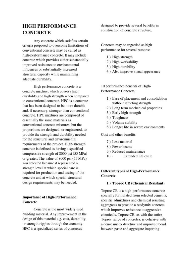 HIGH PERFORMANCE CONCRETE Report | PDF | Concrete | Strength Of Materials
