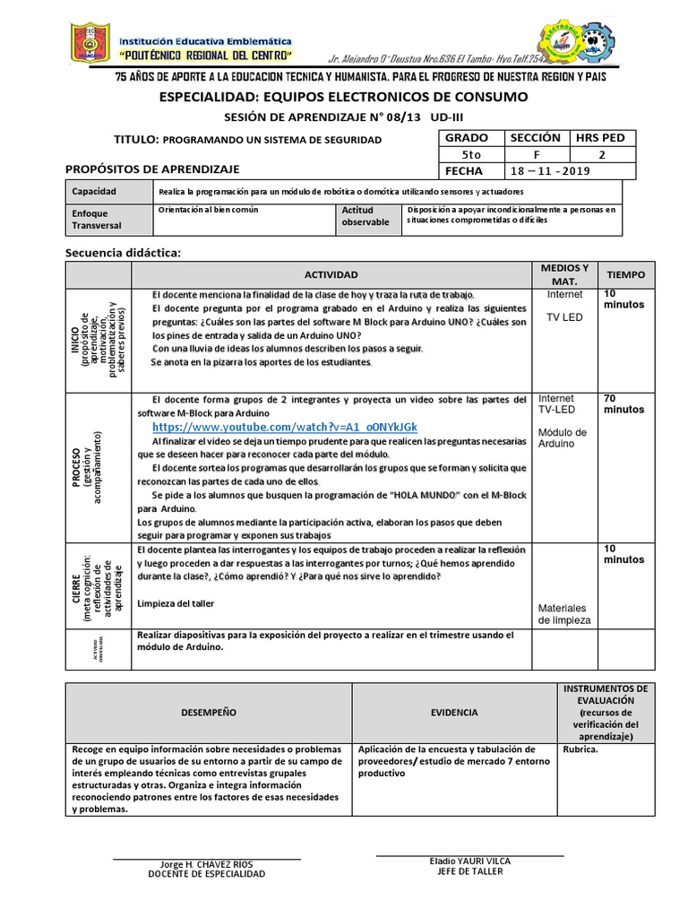 SESIÓN DE APRENDIZAJE 5to F 8-3 Unidad 2019 | PDF | Arduino | Aprendizaje