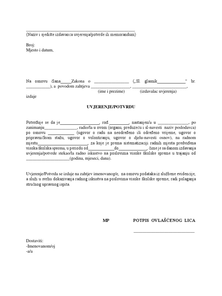 Primjer Uvjerenja o Radnom Iskustvu Strucni Upravni Ispit | PDF