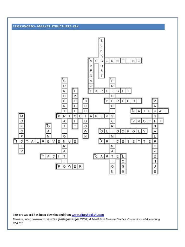 Market Structures Crossword Answers | PDF | Profit (Economics) | Monopoly