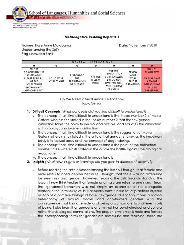 MRR1 Ged 109 A5-Malabanan | PDF | Sexual Dimorphism | Gender
