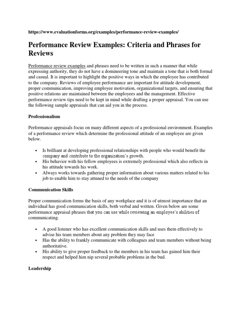 Performance review leadership phrases