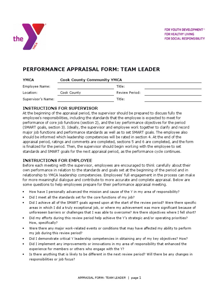 YMCA Team Leader Performance Appraisal Form | PDF | Goal | Leadership