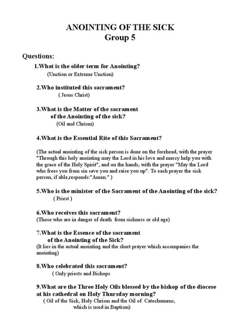 Anointing of The Sick Group 5: Questions | PDF | Sacraments | Anointing