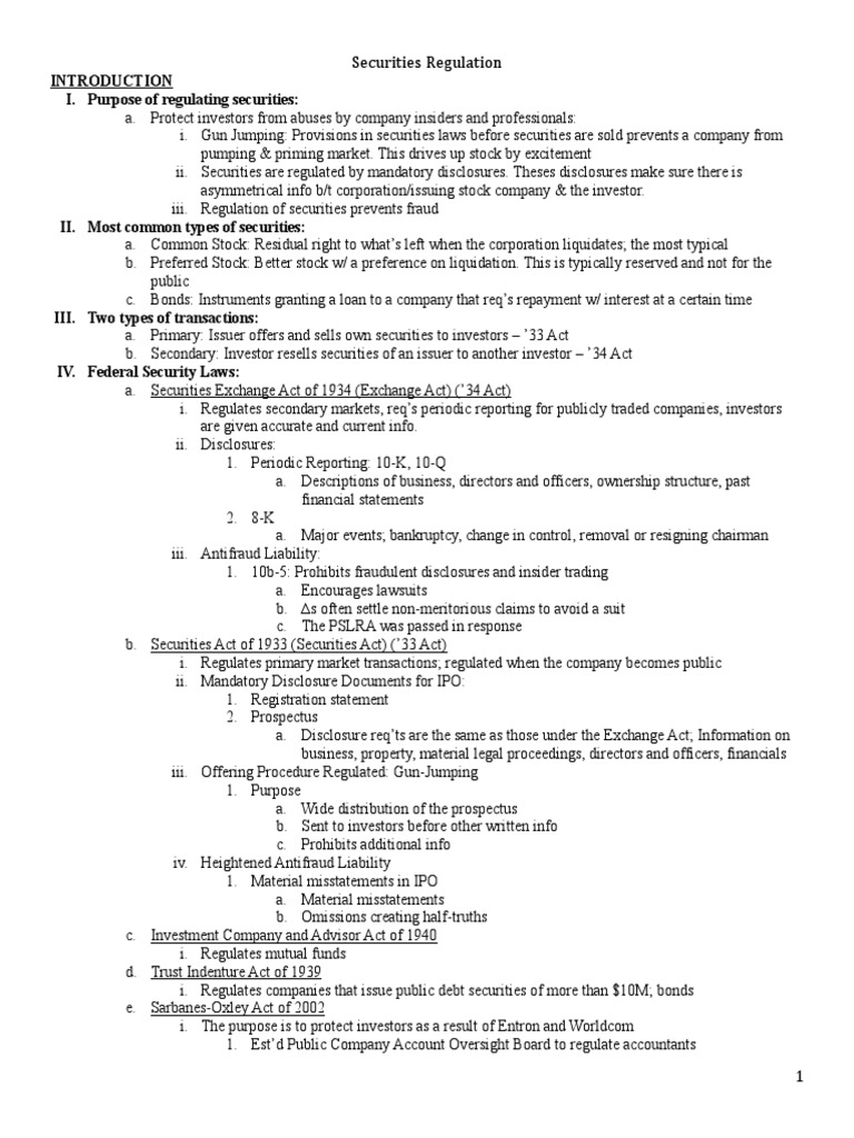Securities Regulations Law Outline | PDF | Securities (Finance ...