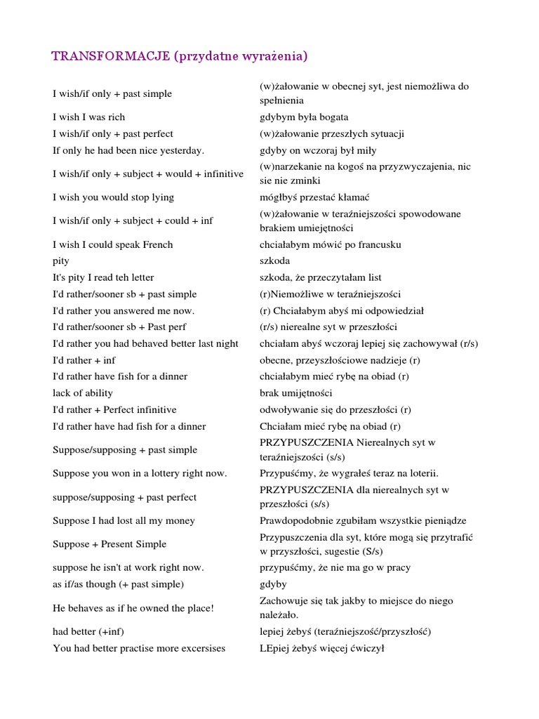 TRANSFORMACJE (Przydatne Wyrażenia) | PDF