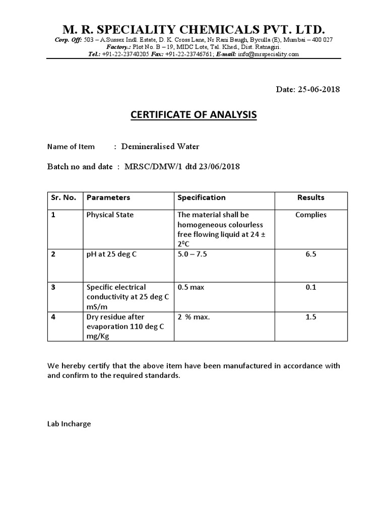 COA and MSDS DM Water | PDF | Safety | Chemistry