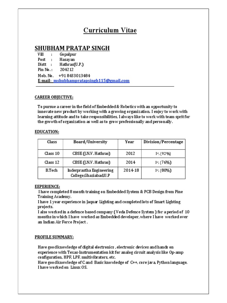 Shubham Pratap Singh CV | PDF | Matlab | Computer Engineering