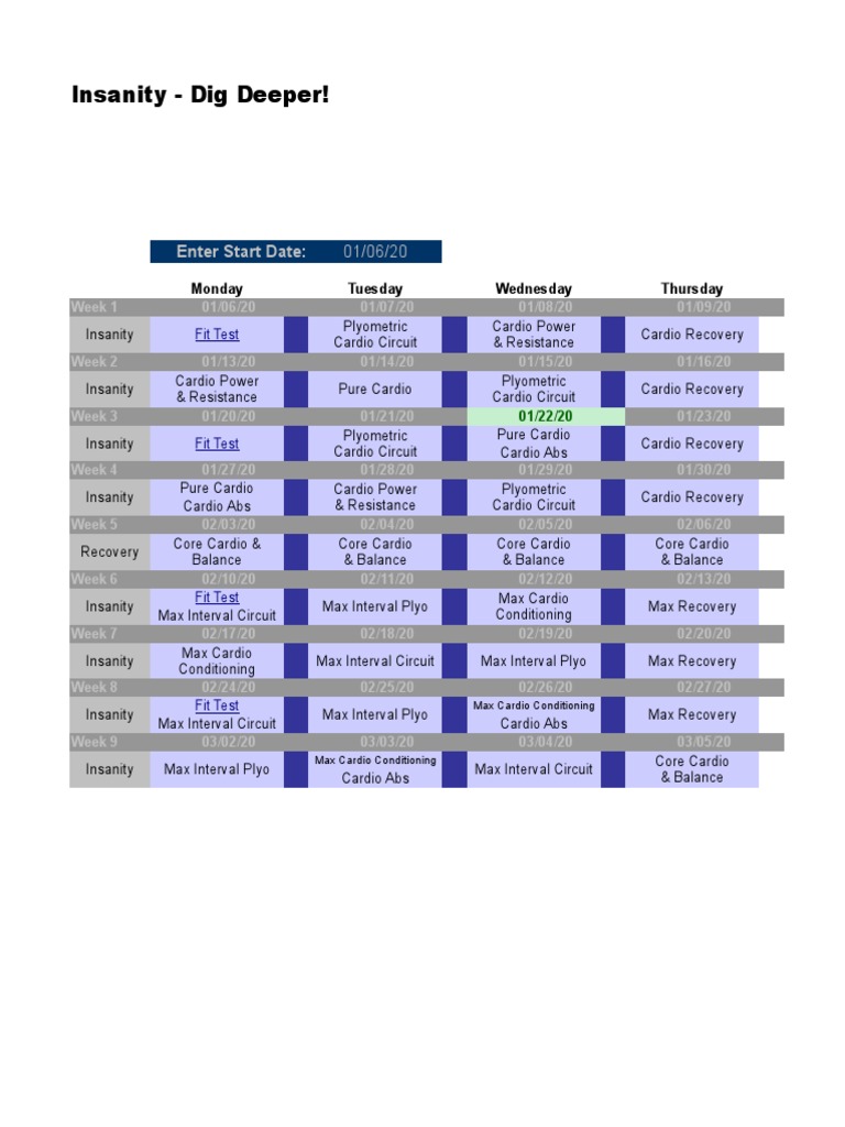 Insanity Workout Excel Schedule Calendar | PDF | Calorie | Human Body ...