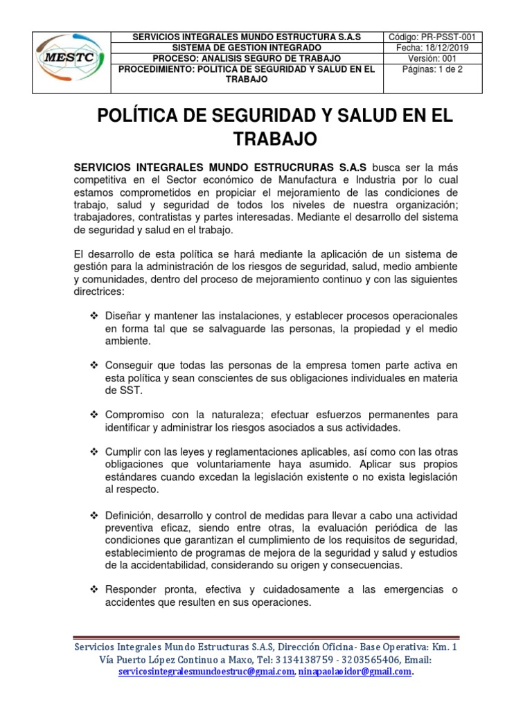 PR-PSST-001 Política de Seguridad y Salud en El Trabajo | PDF | Seguridad | Seguridad y salud ...