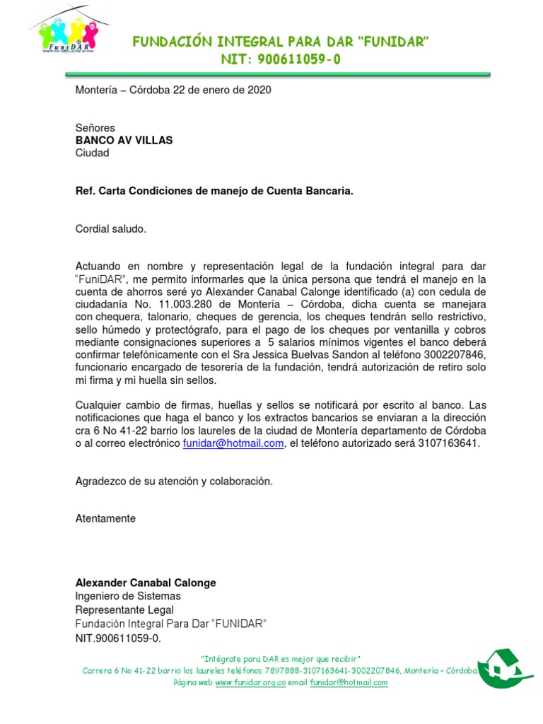 Carta Condiciones de Manejo Cuenta | PDF Carta Condiciones de Manejo Cuenta | PDF