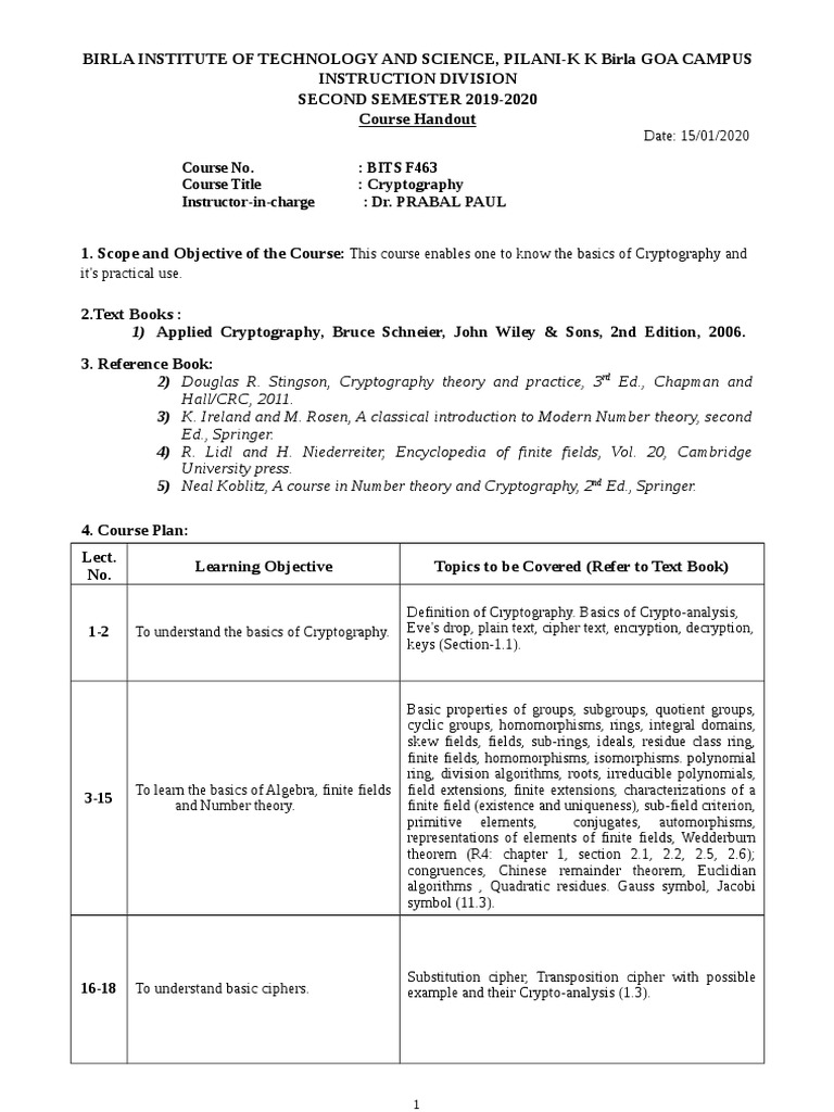 Cryptography Handout BITSF463 Jan2020 | PDF | Cryptography | Field (Mathematics)