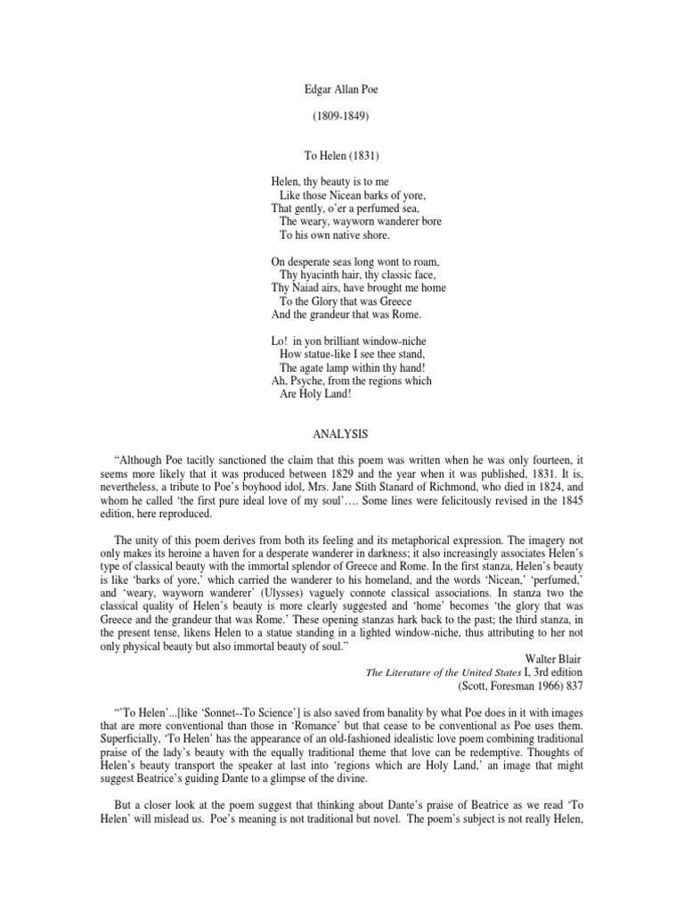 POEMS Poe, Edgar Allan To Helen (1831) Analysis by 2 Critics | PDF