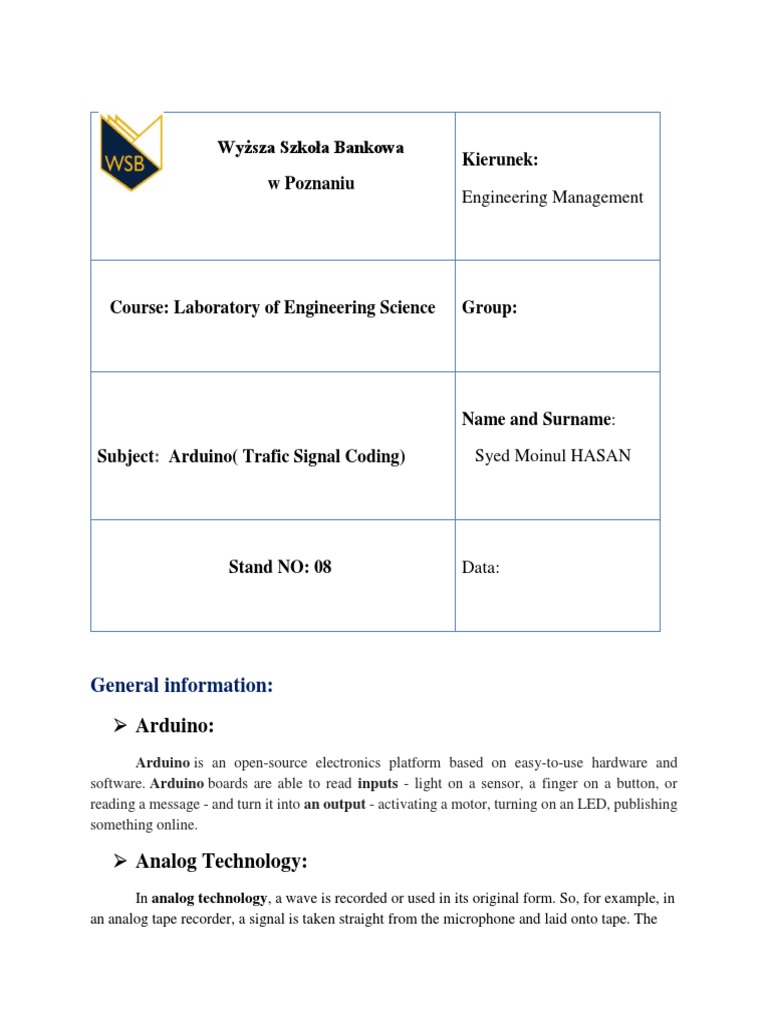 Lab Report Stand NO 08 (Trafic Signal by Arduino) | PDF | Arduino ...