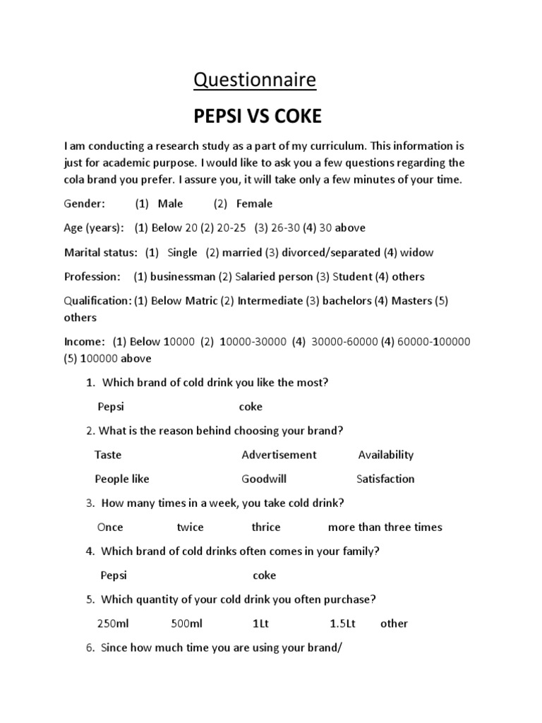 Questionnaire | PDF | Pepsi | Coca Cola