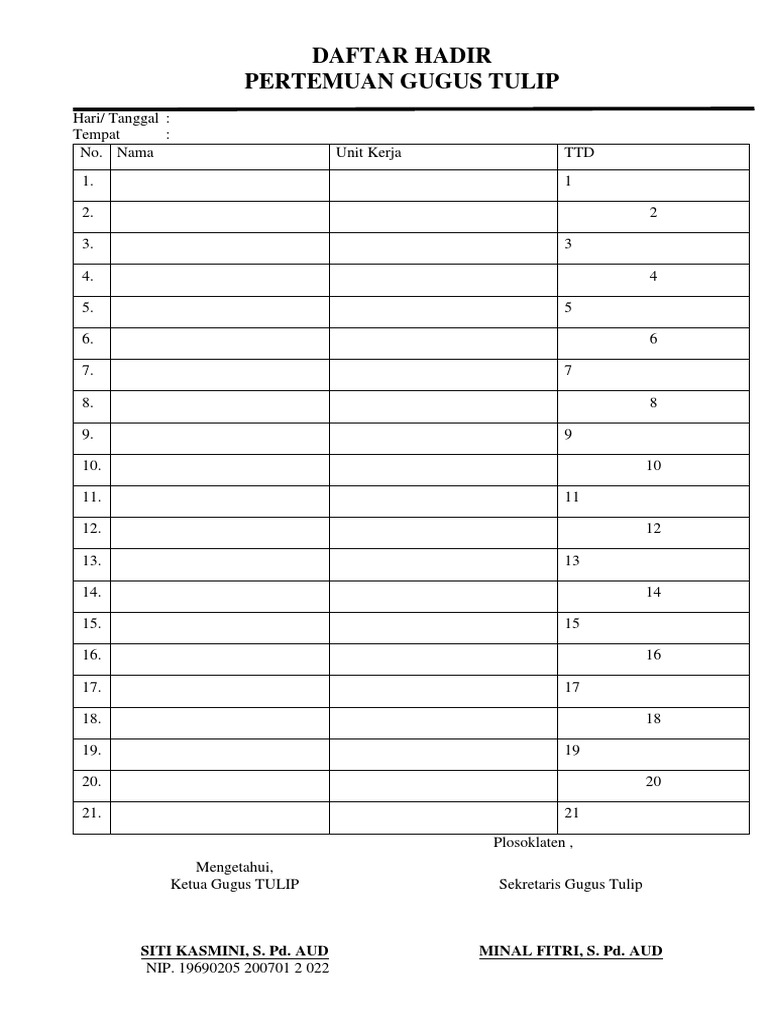 Contoh DAFTAR HADIR GUGUS PAUD | PDF