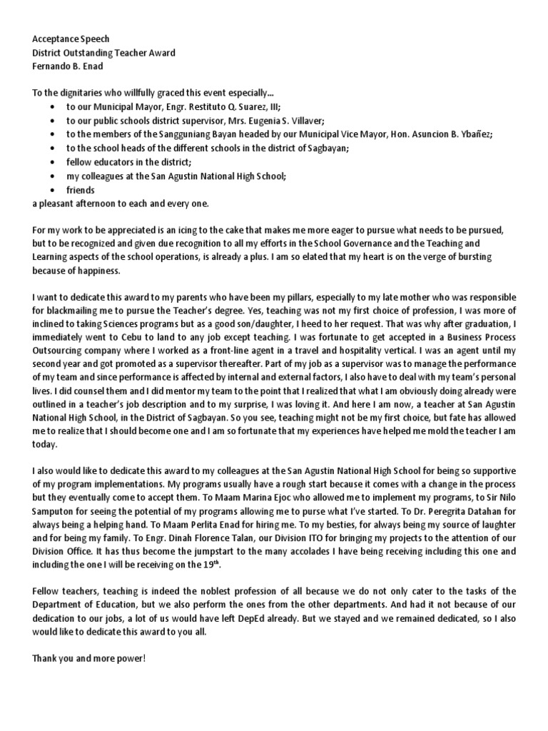 Acceptance Speech For The Most Outstanding Teacher Award | PDF