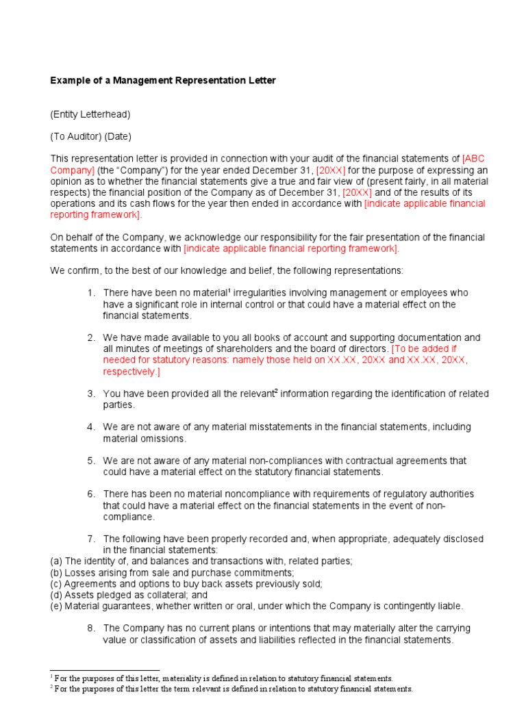 Representation Letter Template20082 | PDF | Financial Audit | Financial ...