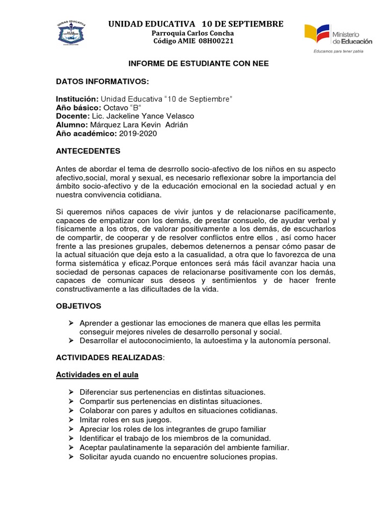 Modelo de Informe para Estudiantes Con Nee | PDF | Aprendizaje | Las ...