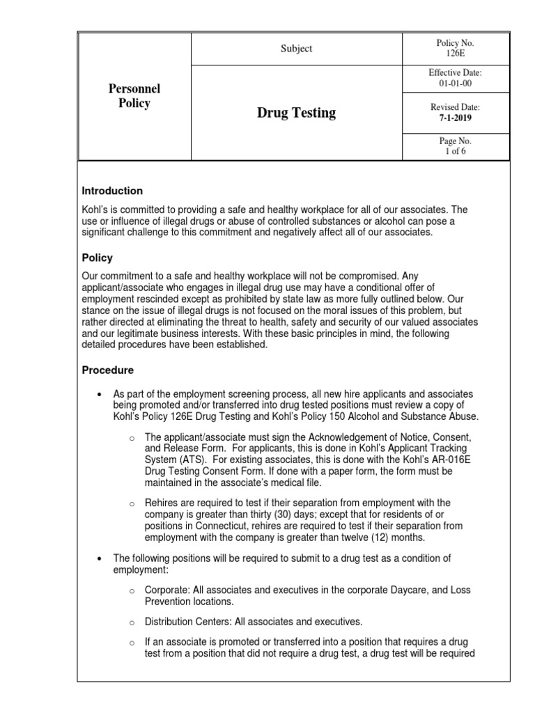 Kohl's Drug Testing Policy Overview | PDF | Drug Test | Prohibition Of ...