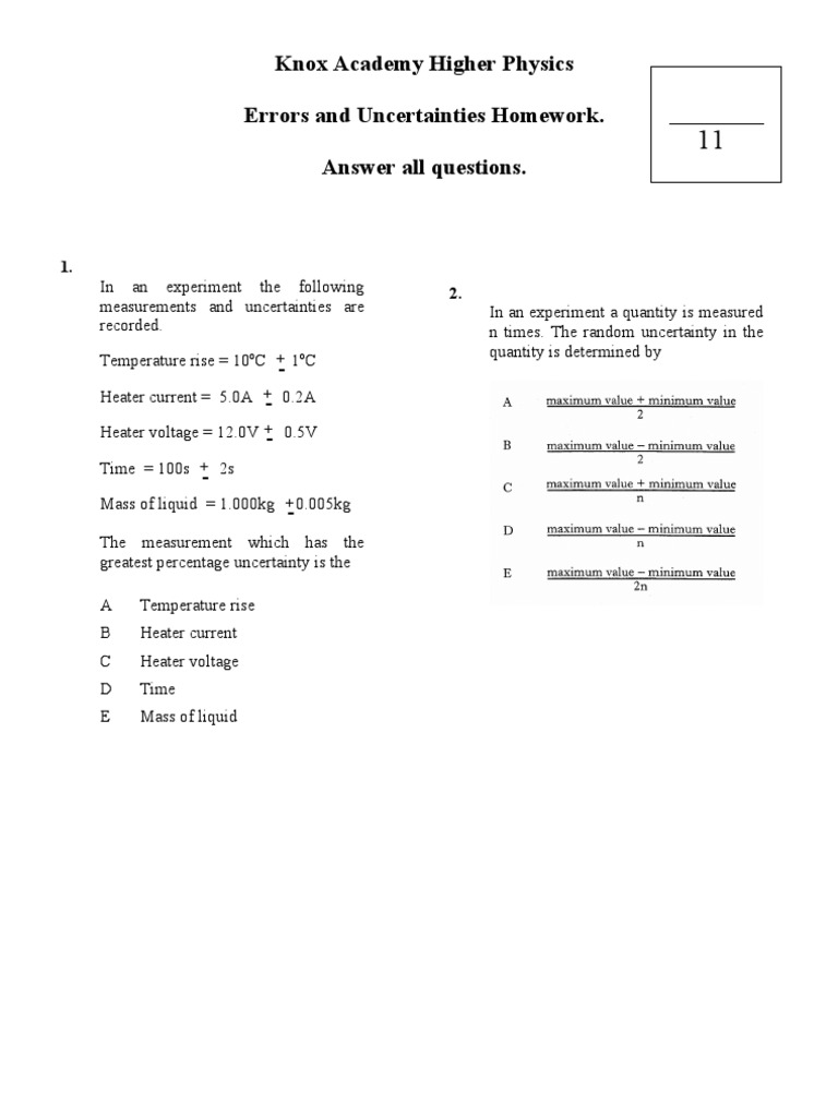 Knox Academy Higher Physics Errors and Uncertainties Homework. Answer ...