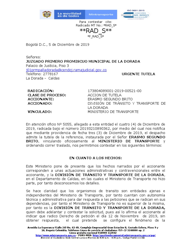 TUTELA ERASMO SEGUNDO BRITO Prescripción y Borrar Comparendos | PDF ...