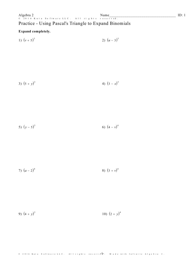 Practice Using Pascals Triangle To Expand Binomials 15czdsx | PDF ...
