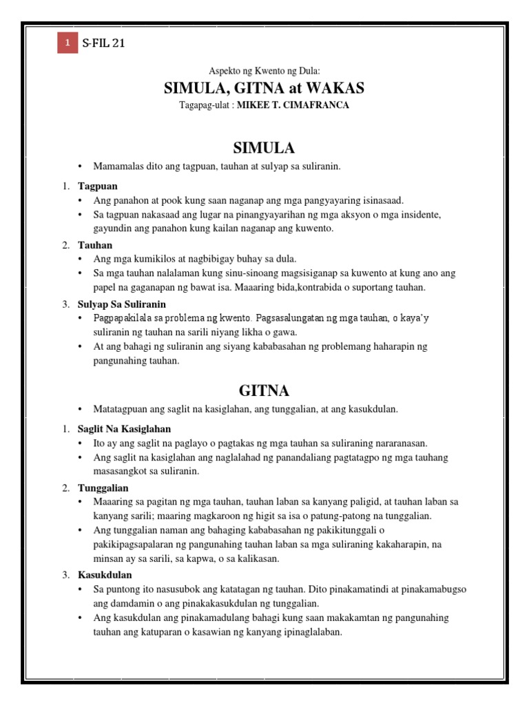 Aspekto NG Kwento NG Dula - OUTLINE | PDF