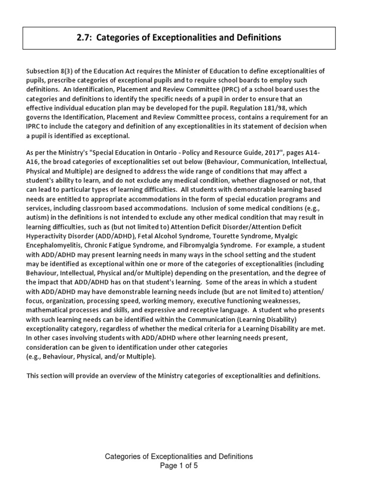 Section 2.7 - Categories of Exceptionalities and Definitions PDF | PDF ...