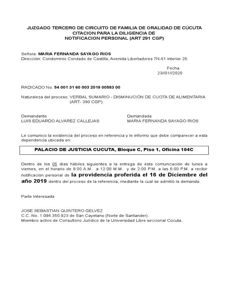 Notificacion Personal Art 291 CGP | PDF