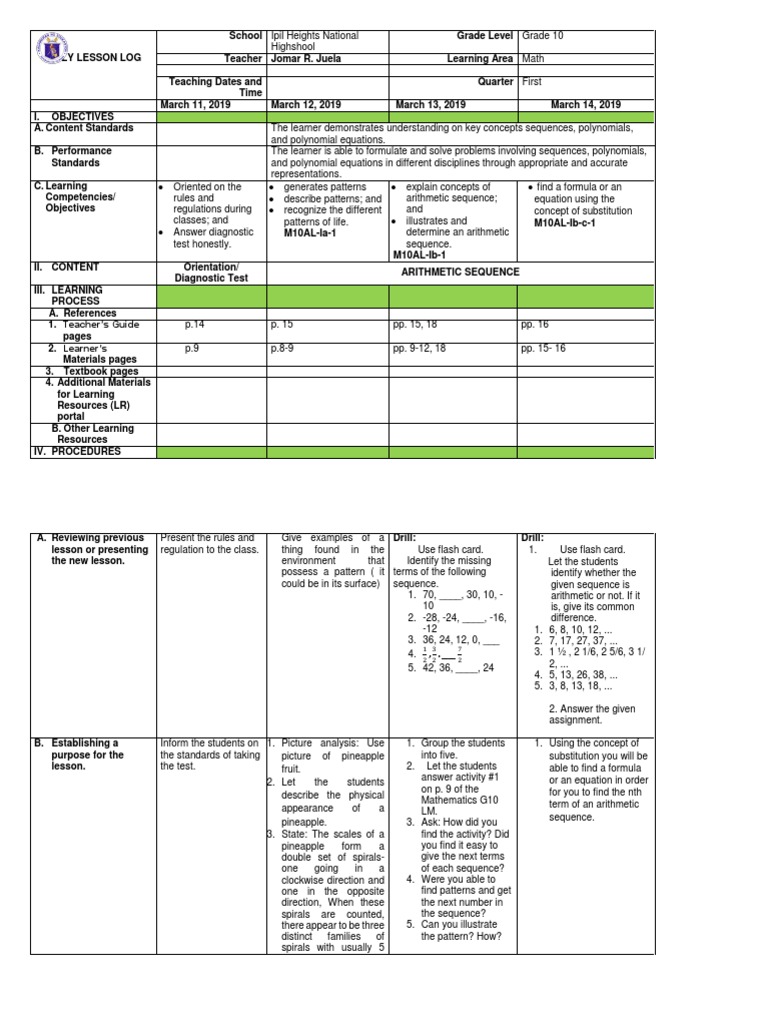 Grade 10 Daily Lesson Log: Math Q1 | PDF | Multiplication | Arithmetic