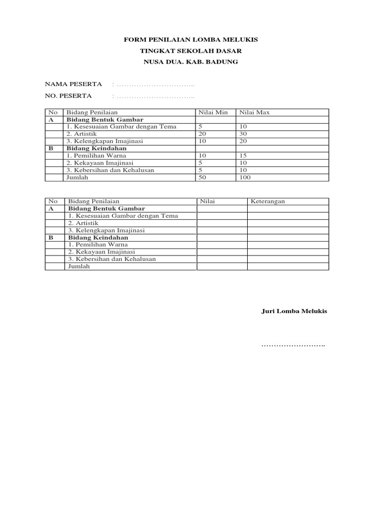 Format Penilaian Lomba Melukis SD | PDF