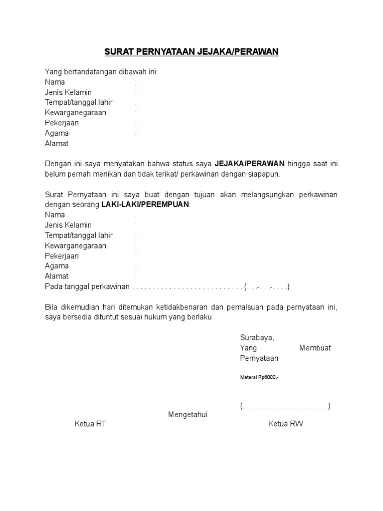 Surat Pernyataan Jejaka | PDF
