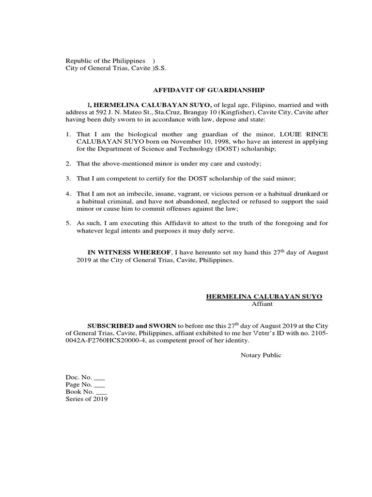 Affidavit of Guardianship For DOST Scholarship | PDF | Social Science | Law