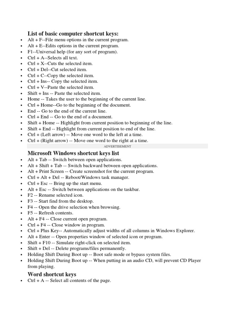 List of Basic Computer Shortcut Keys | PDF | Keyboard Shortcut | System ...
