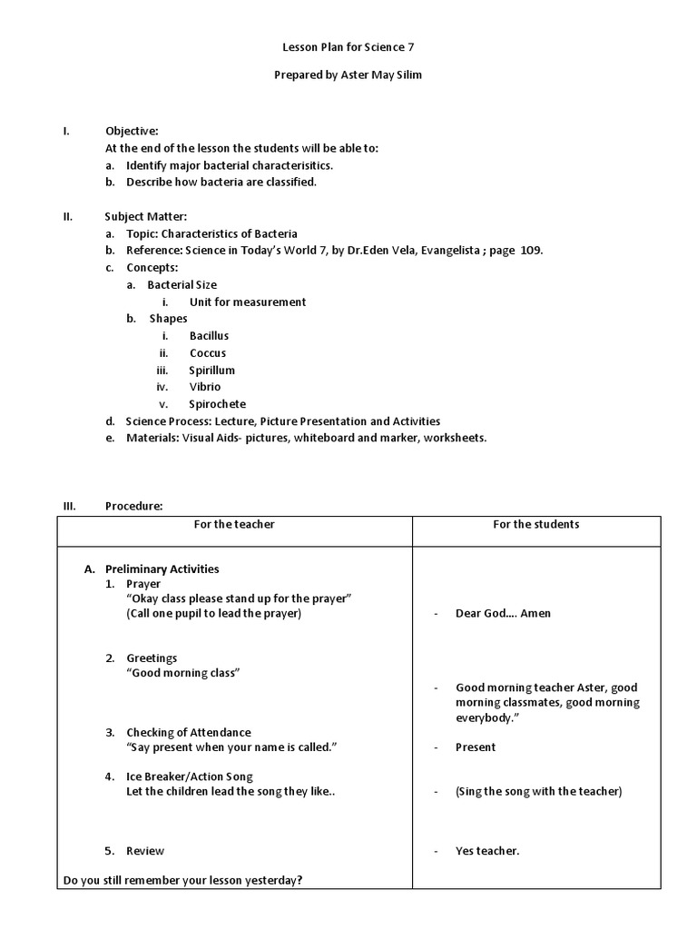 Lesson Plan For Science 7 - Bacteria | PDF | Bacillus | Bacteria