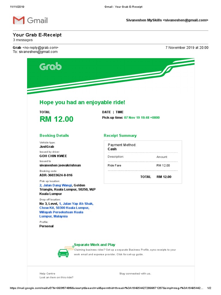 Gmail - Your Grab E-Receipt 1 | PDF | Business
