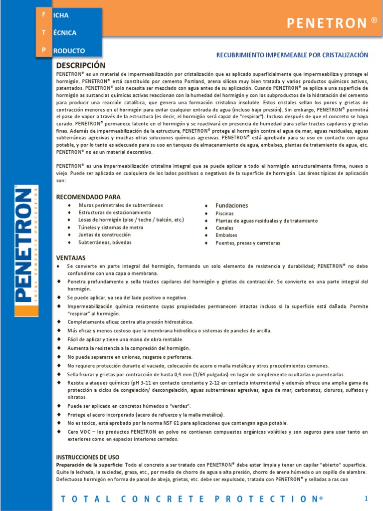 PENETRON Data Sheet | PDF | Hormigón | Cemento