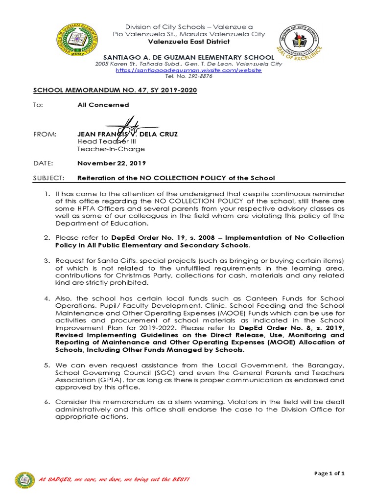 School Memorandum No. 47 (REITERATION OF THE NO COLLECTION POLICY ...