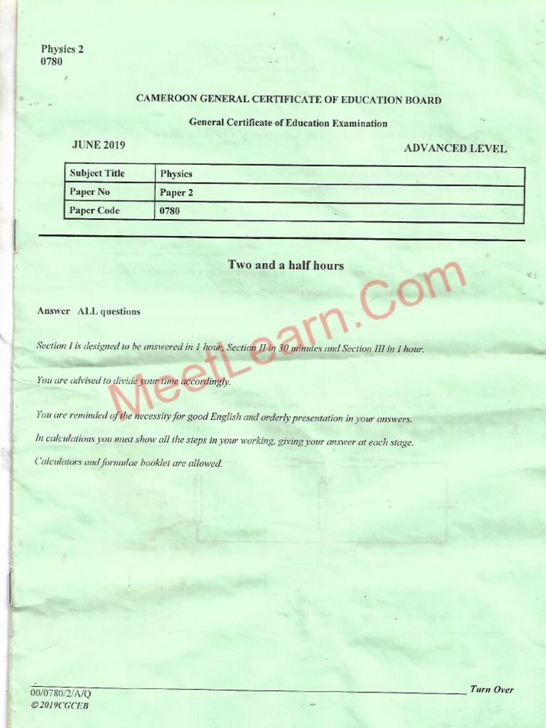 Cameroon GCE Physics Advanced Level Paper 2 2019 | PDF