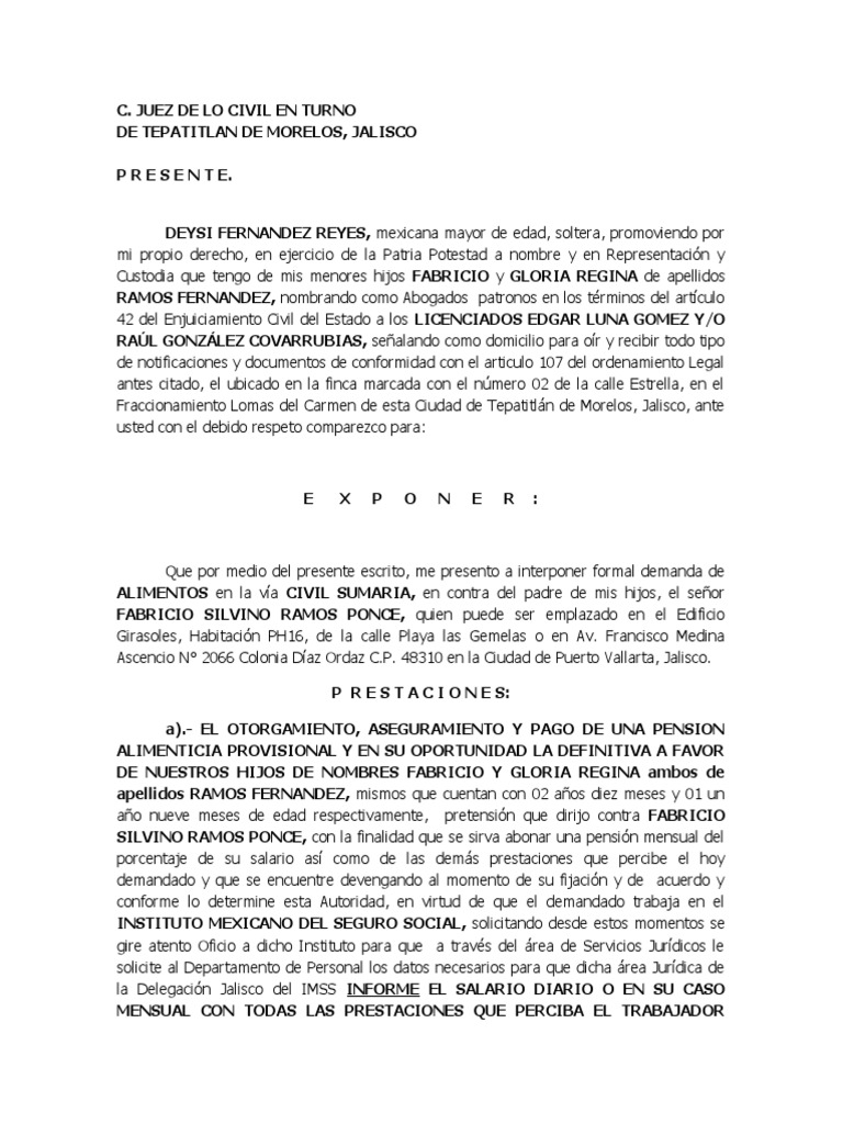 Demanda De Alimentos Pdf Pensión Alimenticia Instituciones Sociales