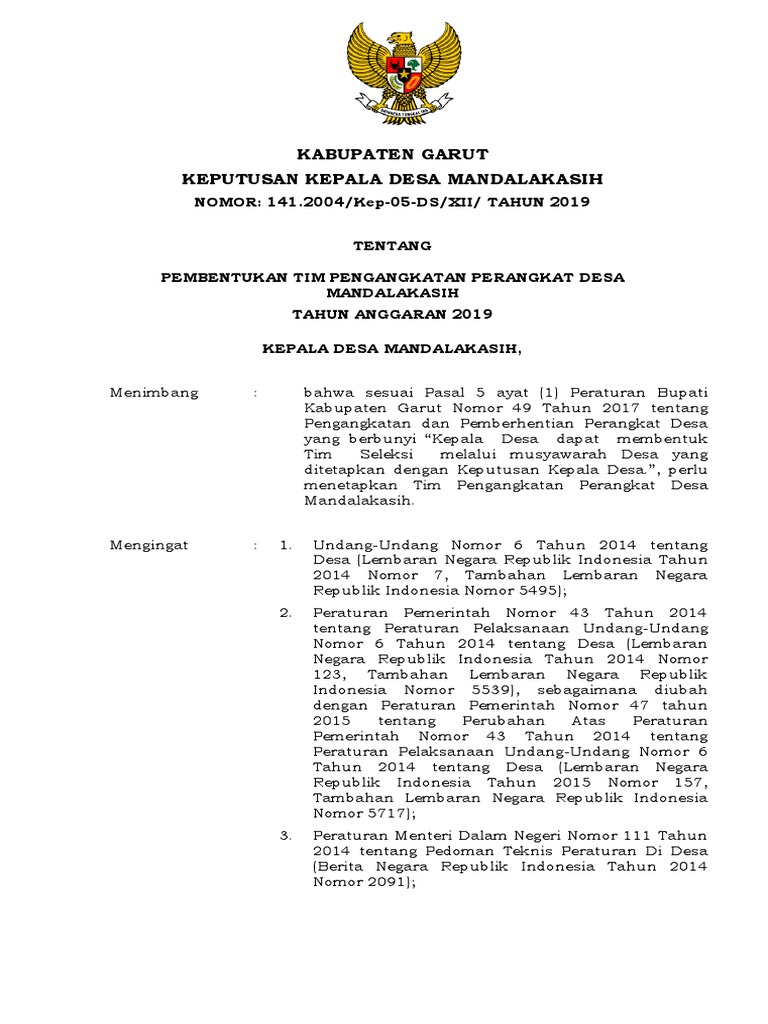 SK Tim Seleksi Desa Mandalakasih | PDF