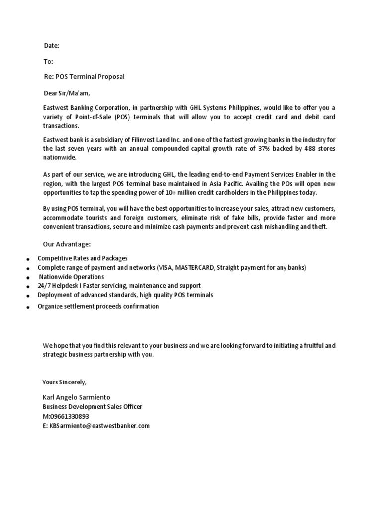 Pos Proposal Letter | PDF | Credit Card | Point Of Sale