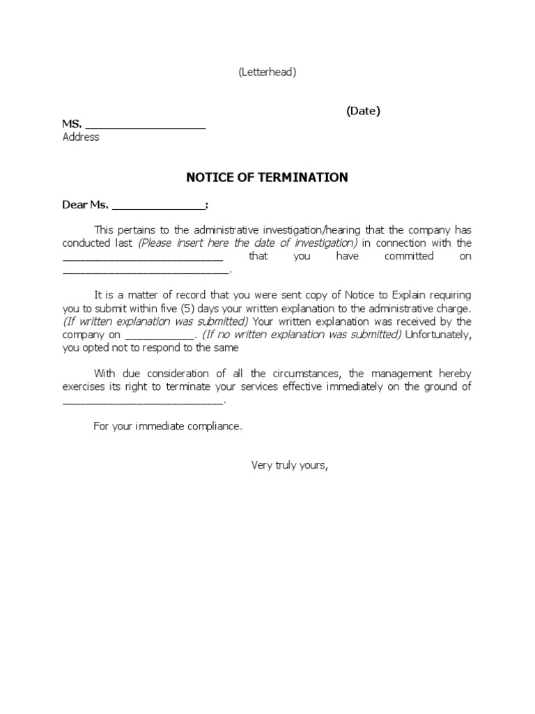 Immediate Termination Notice Template | PDF | Finance & Money Management