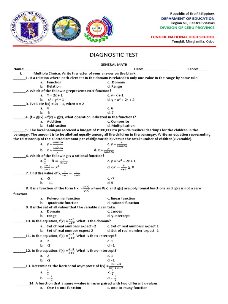Genmath Diagnostic2019 2020 | PDF | Logarithm | Function (Mathematics)