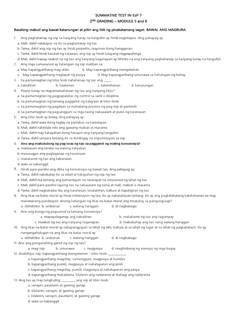 SUMMATIVE - ESP7 - M5 and M6 - 2NDGRADING | PDF