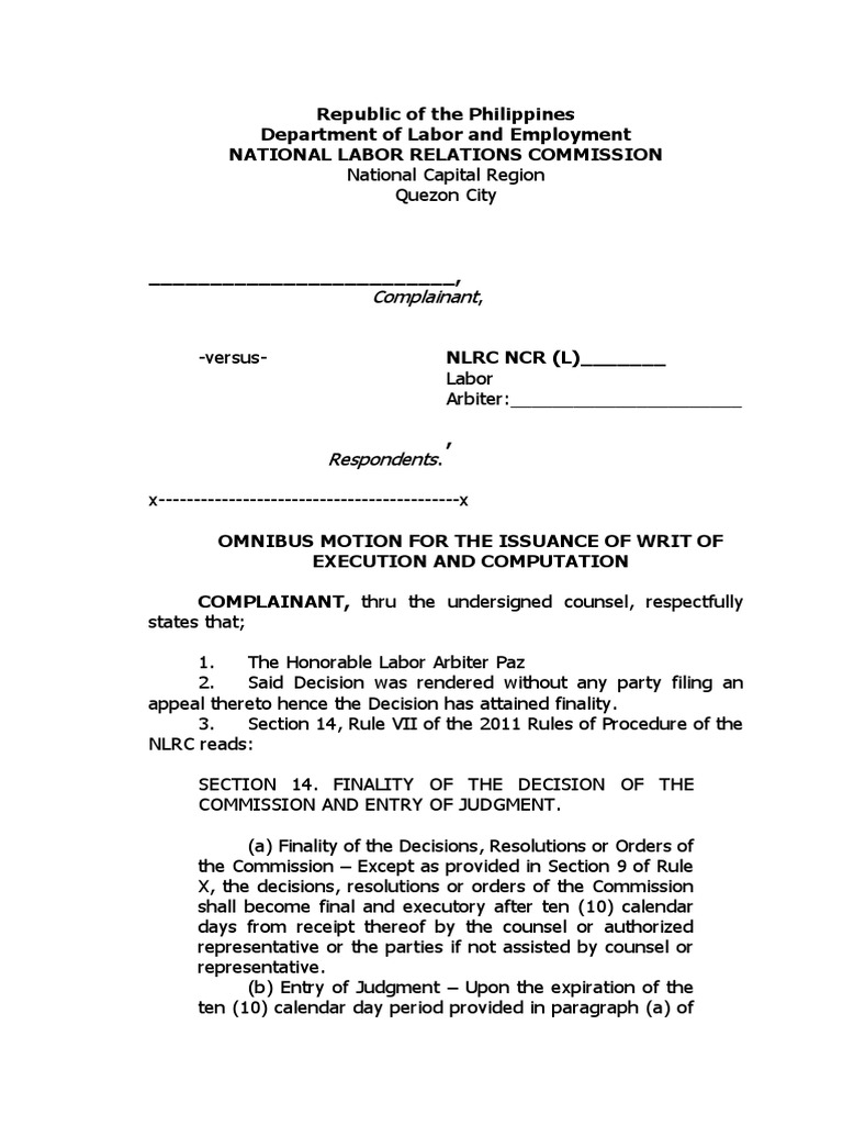 Sample Omnibus Motion | PDF | Judgment (Law) | Government Information