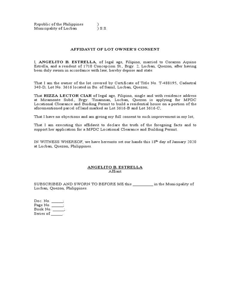 Lot Owner Consent Affidavit Lucban | PDF