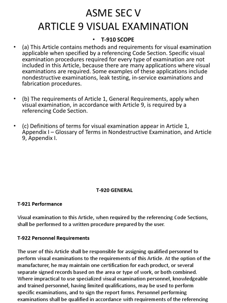 Asme Sec V Article 9 Visual Examination | PDF | Lighting | Visual Acuity