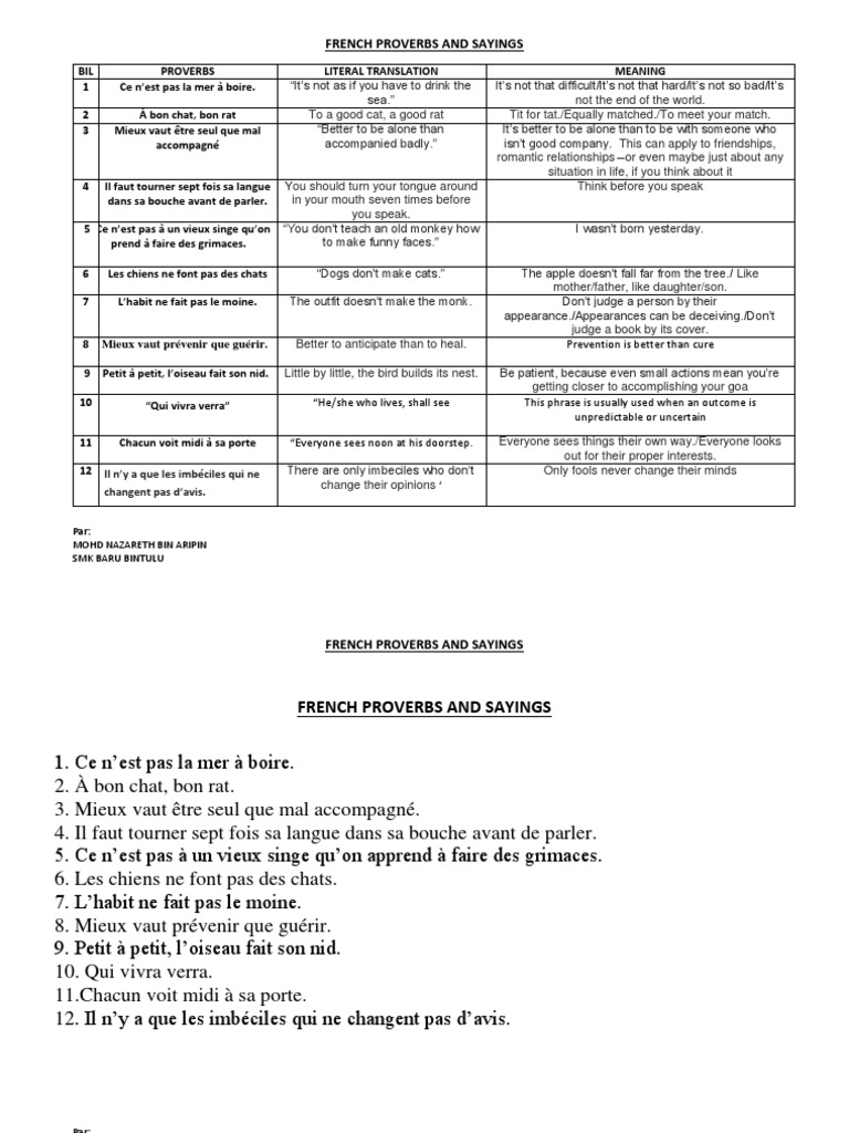 Collection of French Proverbs and Sayings 2019 | PDF